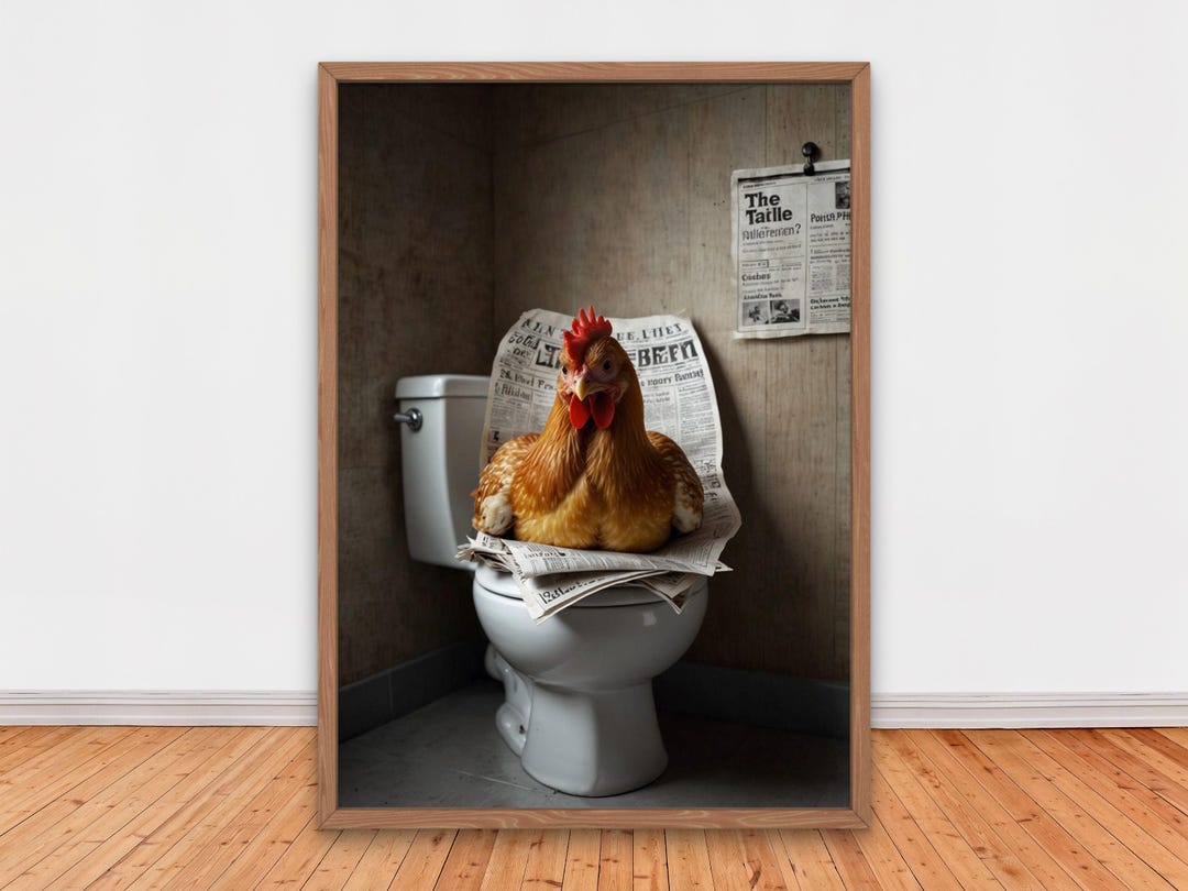 Funny Chicken on Toilet With Newspaper, Funny Bathroom Wall Decor ...