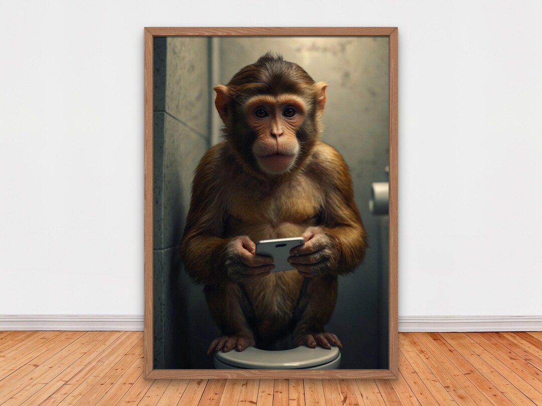 Adorable Monkey Focused on Smartphone While Sitting on Toilet, Funny ...