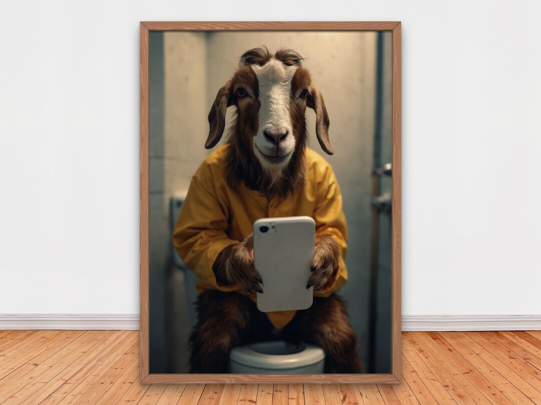 Goat in Yellow Jacket on Toilet With Smartphone, Funny Bathroom Wall ...
