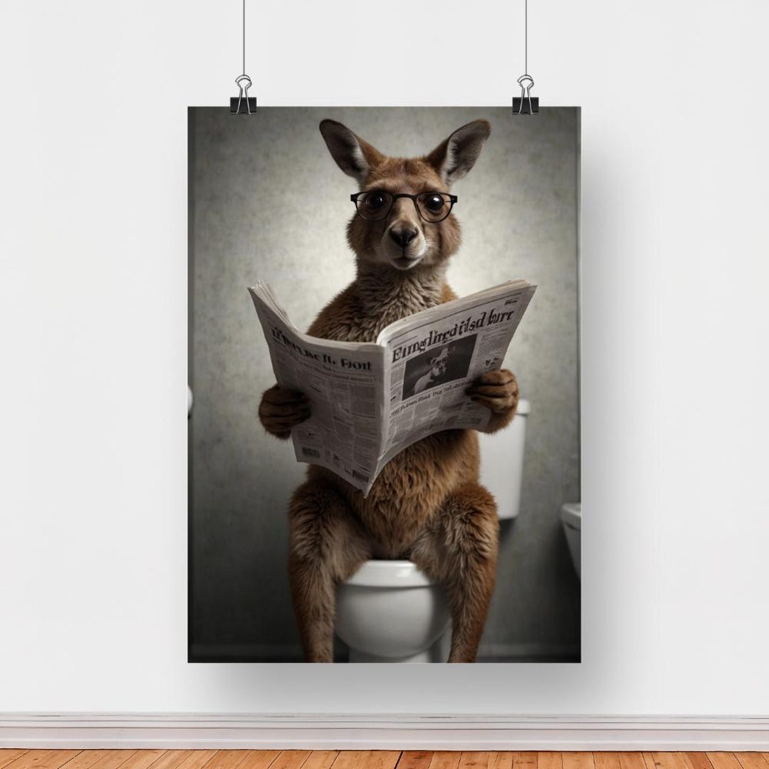 Funny Kangaroo Bathroom Art, Quirky Kangaroo Reading Newspaper Wall ...