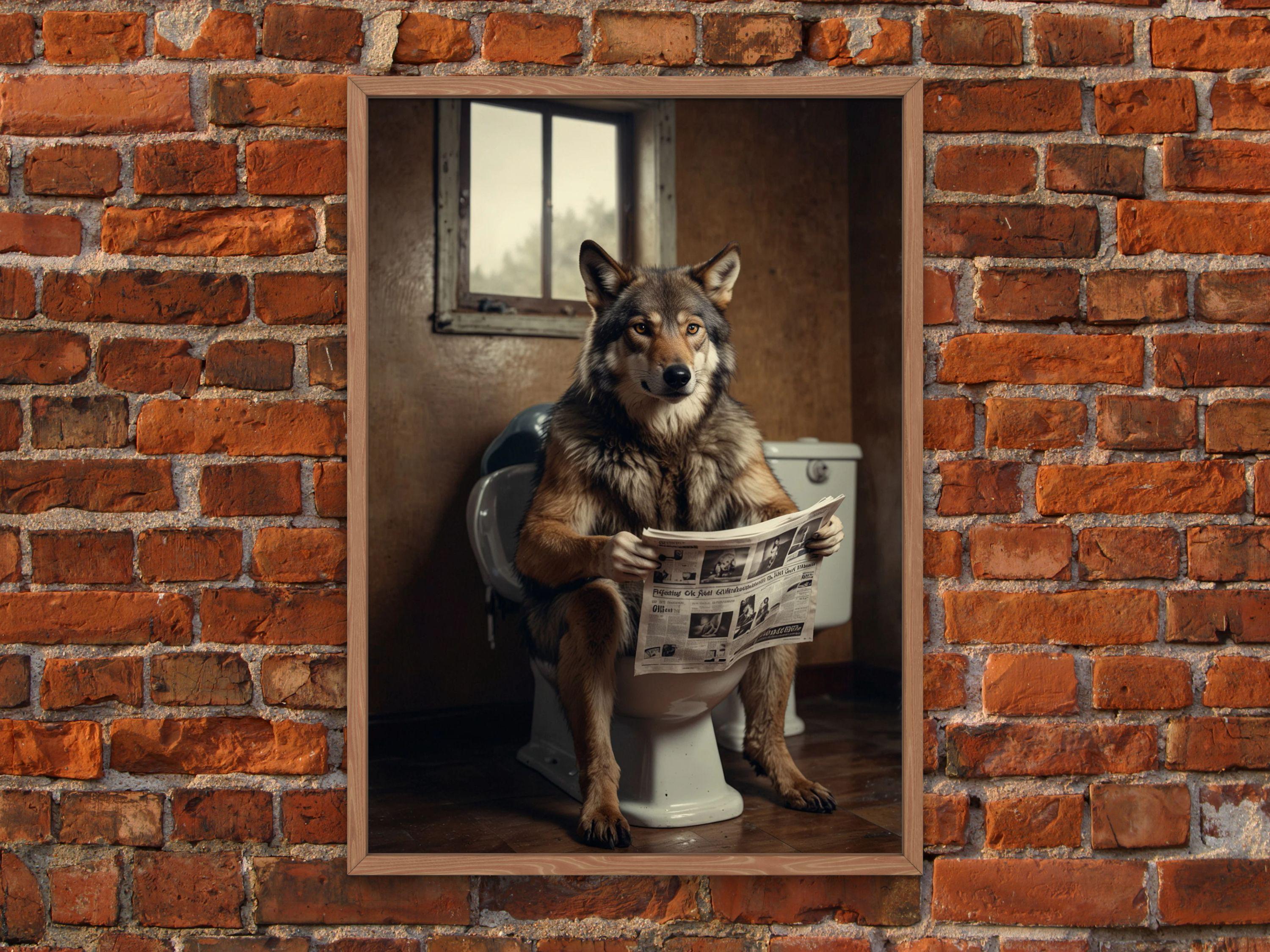 Funny Wolf on Toilet Wall Art | Timber Wolf Reading Newspaper Print ...