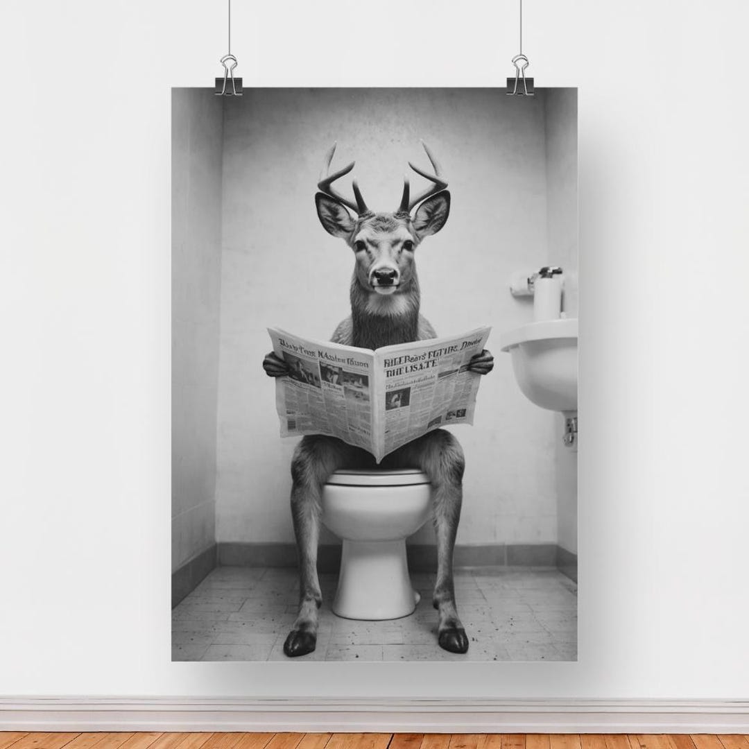 Funny Deer on Toilet Poster, Whimsical Bathroom Decor, Deer Reading ...