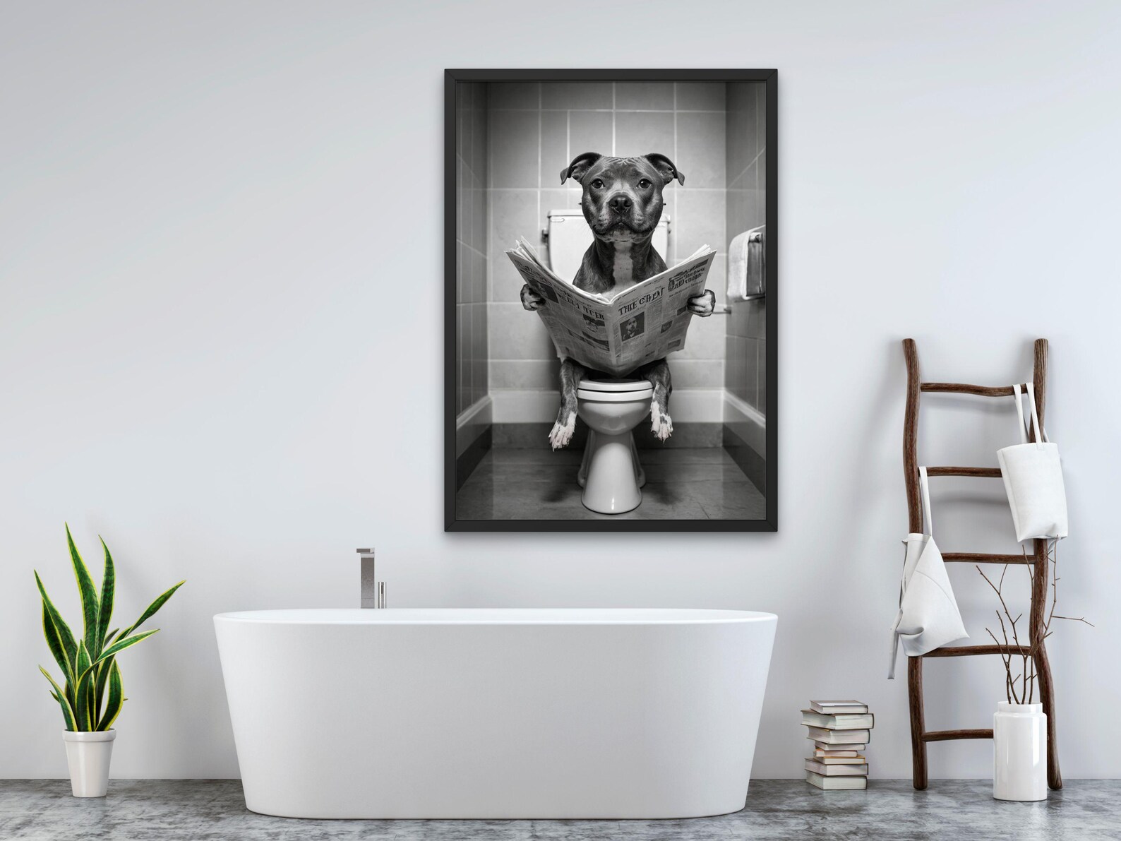Funny Pitbull Reading Newspaper on Toilet, Funny Bathroom Wall Decor ...