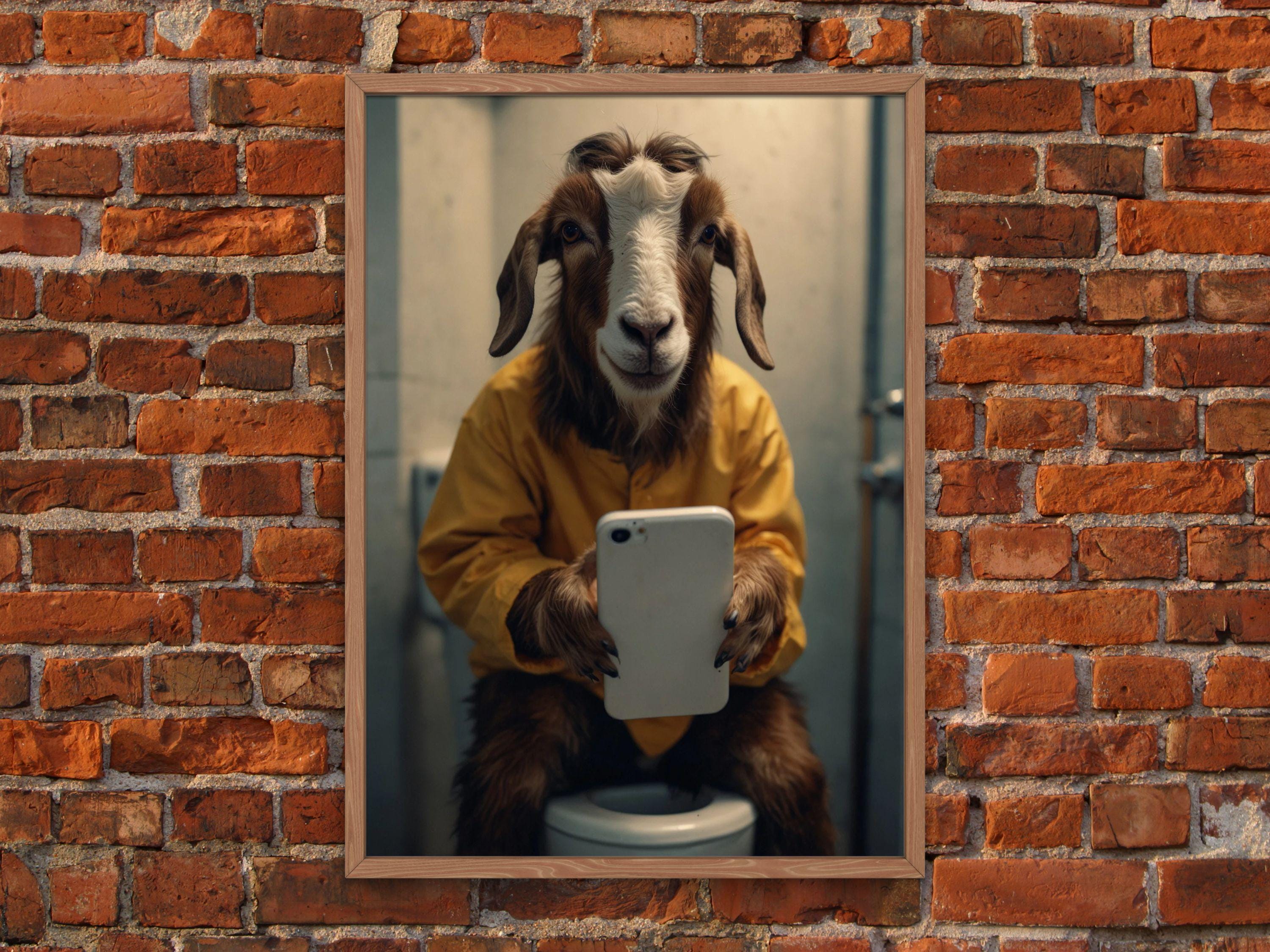 Goat in Yellow Jacket on Toilet With Smartphone, Funny Bathroom Wall ...