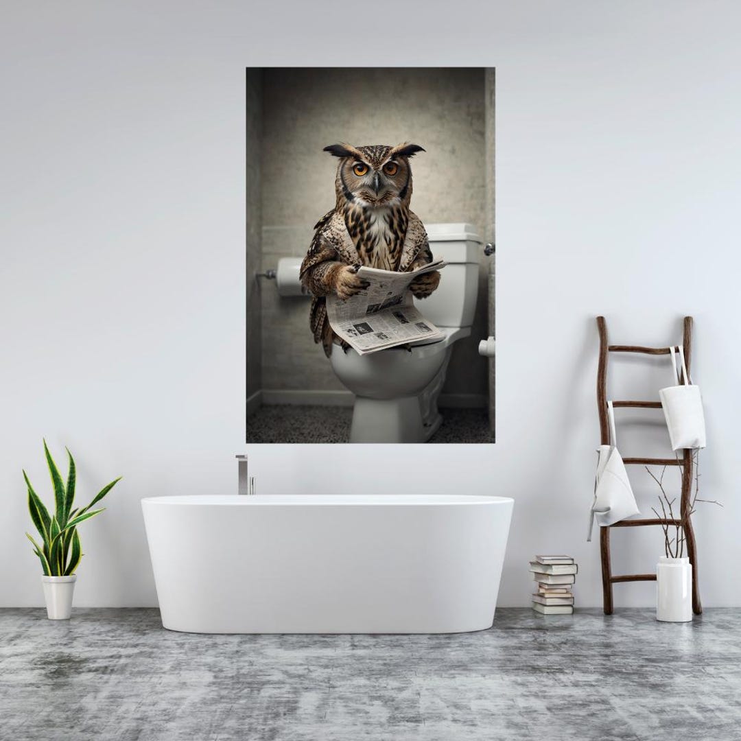 Funny Owl on Toilet Wall Art, Whimsical Bathroom Decor, Owl Reading ...