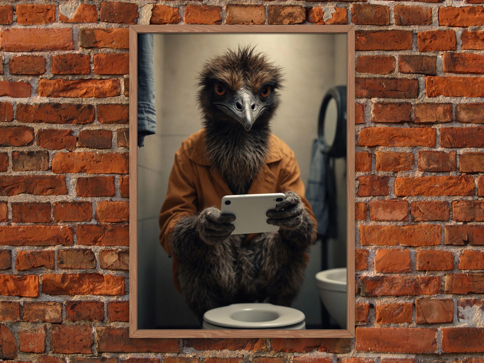 Emu in Orange Jacket on Toilet With Smartphone, Funny Bathroom Wall ...