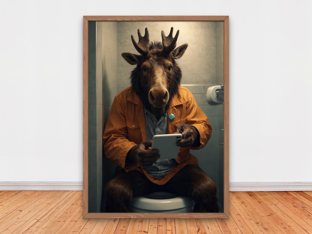 Buy Funny Moose With Phone on Toilet, Funny Bathroom Wall Decor, Funny ...