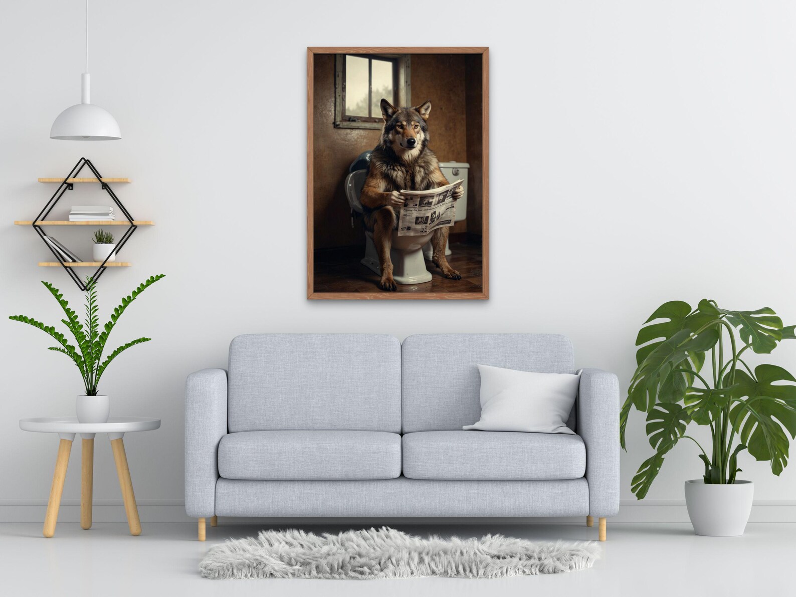 Funny Wolf on Toilet Wall Art | Timber Wolf Reading Newspaper Print ...