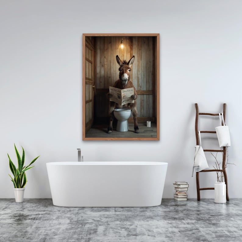 Funny Donkey Toilet Art | Rustic Farmhouse Animal Reading Newspaper ...