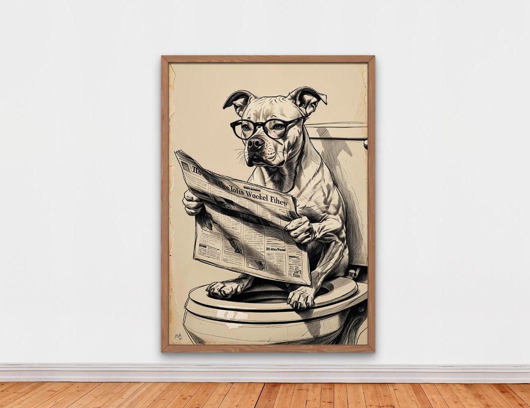 Vintage Pitbull Sketch Art Reading Newspaper on Toilet, Funny Dog ...