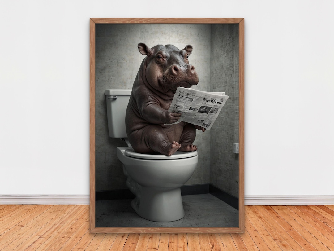 Funny Hippo on Toilet Reading Newspaper, Funny Bathroom Wall Decor ...