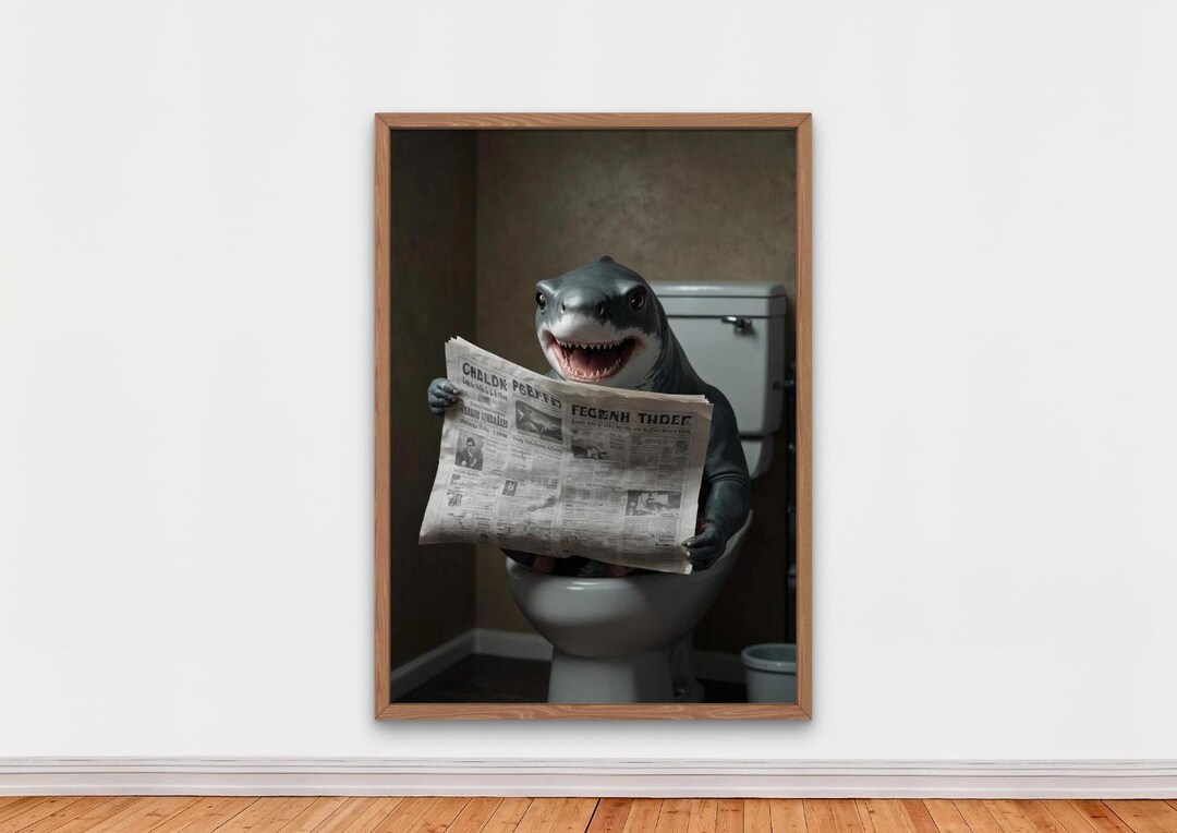 Funny Shark on Toilet Wall Art | White Reading Newspaper Print | Beach ...