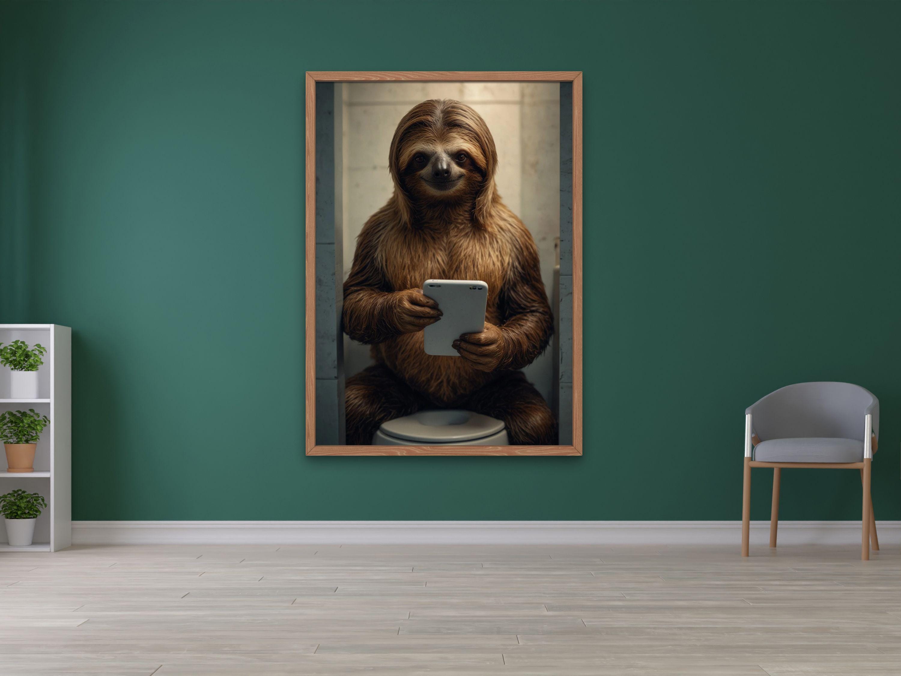 Smiling Sloth on Toilet Holding Smartphone, Funny Bathroom Wall Decor ...