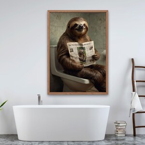 Charming Sloth on Toilet Reading Newspaper, Funny Bathroom Wall Decor ...