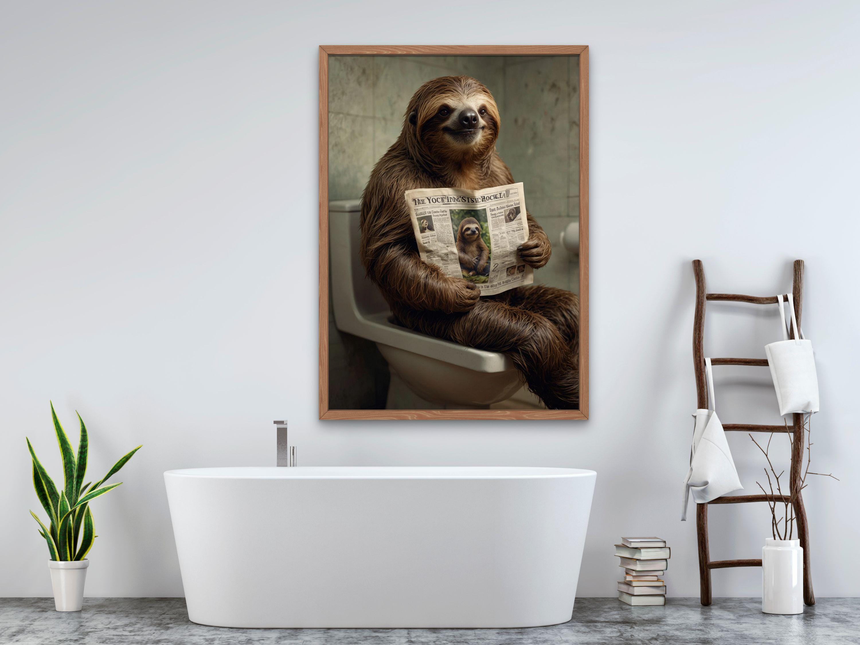 Charming Sloth on Toilet Reading Newspaper, Funny Bathroom Wall Decor ...