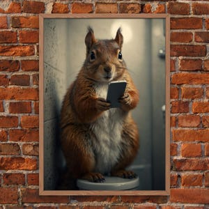 Squirrel Holding Smartphone on Toilet, Funny Bathroom Wall Decor, Funny ...