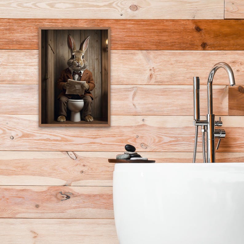 Funny Rabbit Bathroom Art, Bunny Toilet Humor Printable, Rustic Animal ...