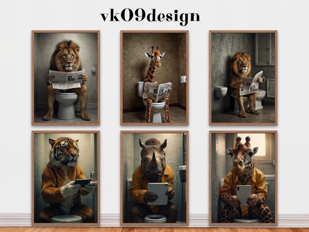 Funny Jungle Animals on Toilet Art Set, Bundle of 6, Funny Bathroom ...