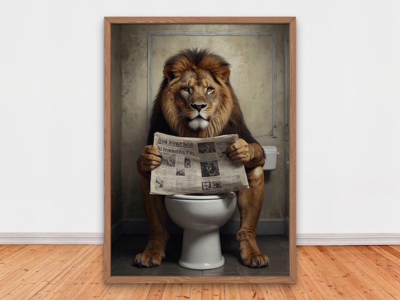 Funny Lion Sitting on the Toilet Reading a Newspaper, Funny Bathroom ...