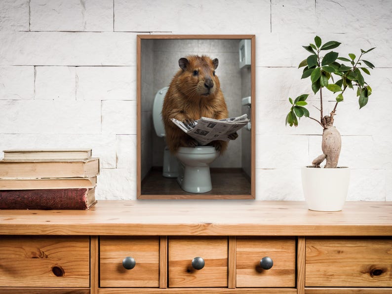 Funny Capybara on Toilet Reading Newspaper, Funny Bathroom Wall Decor ...