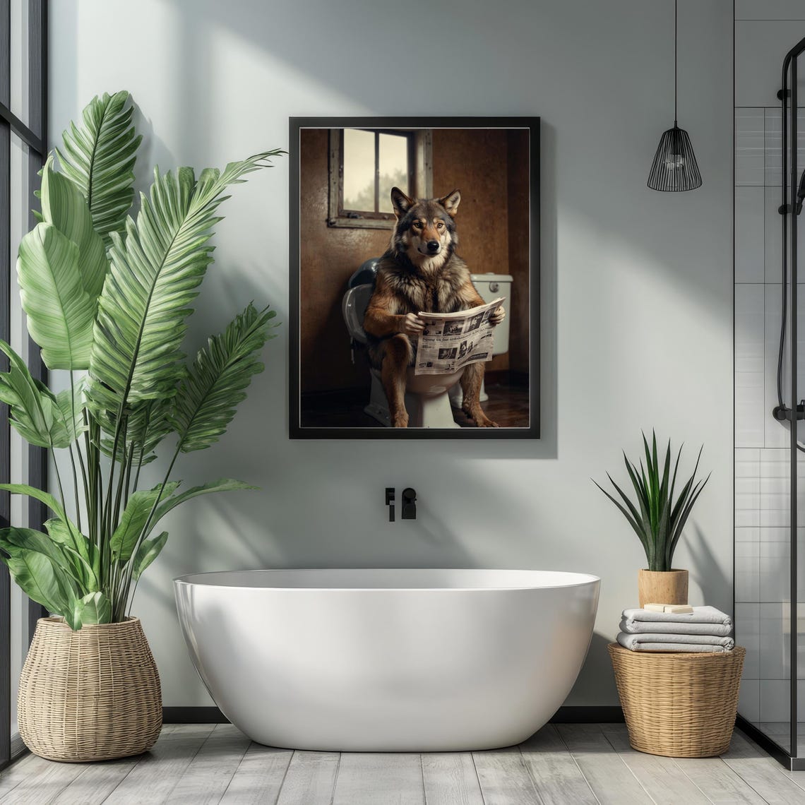 Funny Wolf on Toilet Wall Art | Timber Wolf Reading Newspaper Print ...