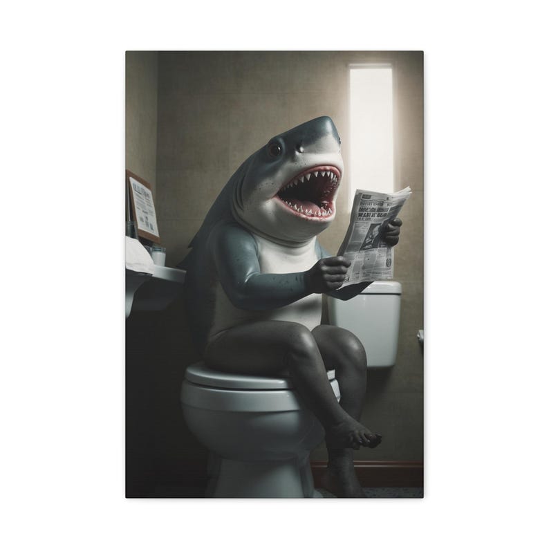 Funny Shark on Toilet Wall Art, Whimsical Bathroom Decor, Shark Reading ...