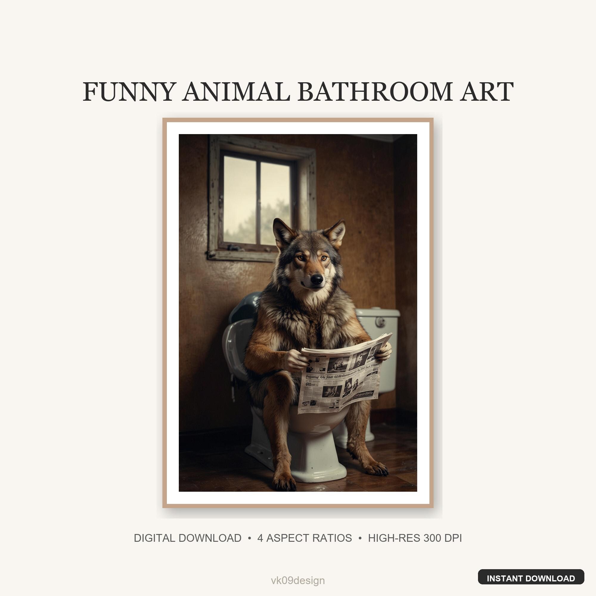 Funny Wolf on Toilet Wall Art | Timber Wolf Reading Newspaper Print ...