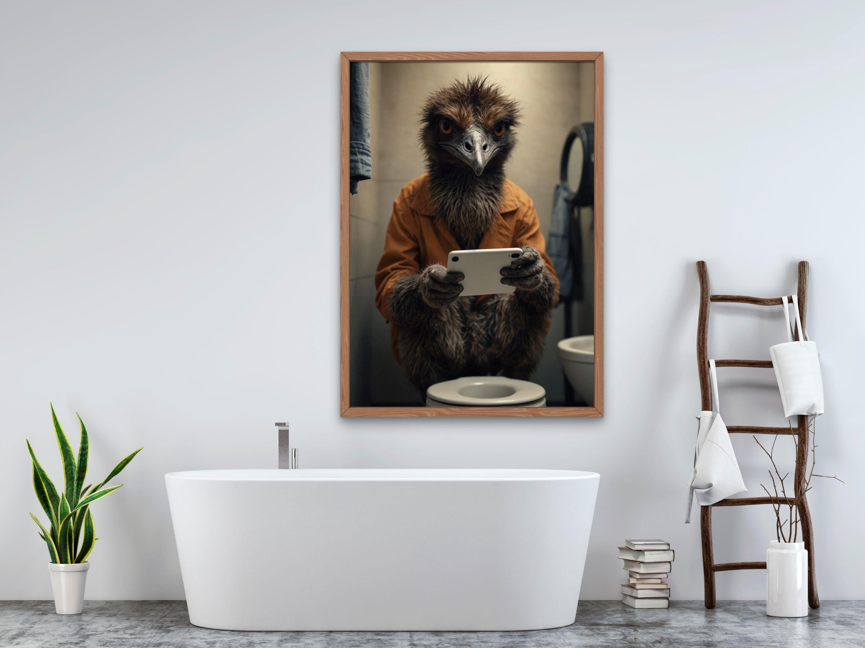 Emu in Orange Jacket on Toilet With Smartphone, Funny Bathroom Wall ...