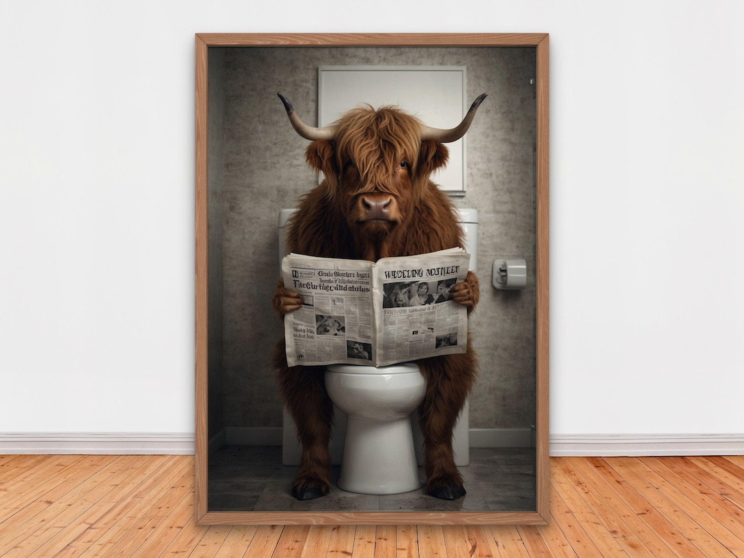 Funny Highland Cow Reading Newspaper Print | Rustic Farmhouse Bathroom ...