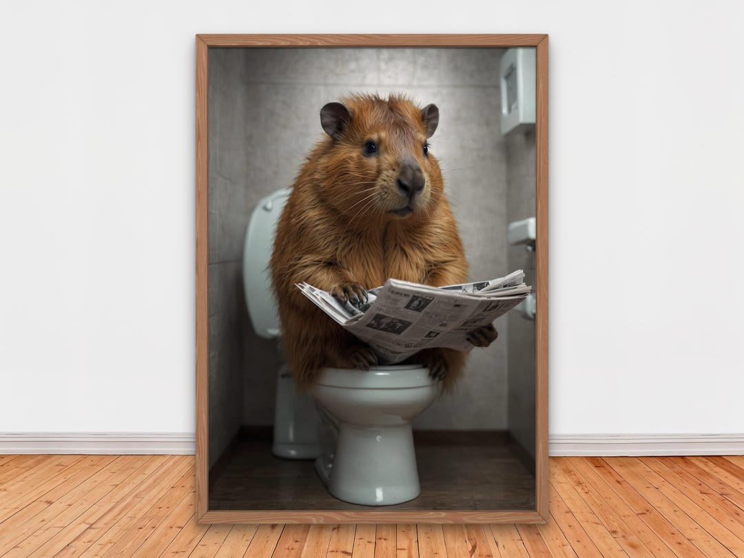Funny Capybara on Toilet Reading Newspaper, Funny Bathroom Wall Decor ...