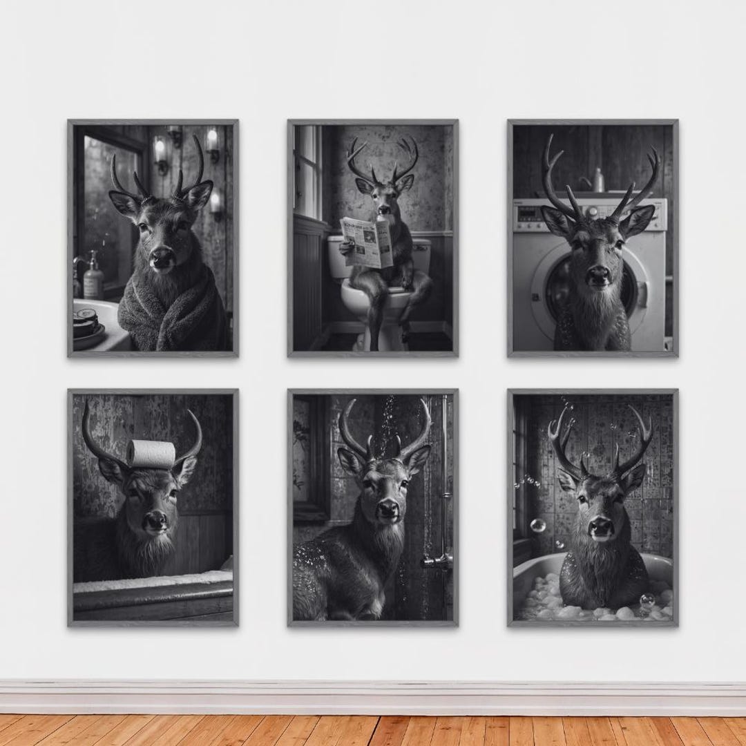 Funny Deer Bathroom Art Set of 6 | Rustic Cabin Buck Decor | Digital ...