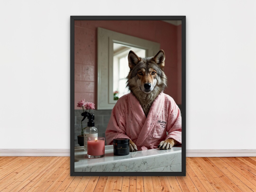 Cute Wolf in Pink Bathrobe in Bathtub, Funny Bathroom Wall Decor, Funny ...