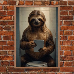 Smiling Sloth on Toilet Holding Smartphone, Funny Bathroom Wall Decor ...