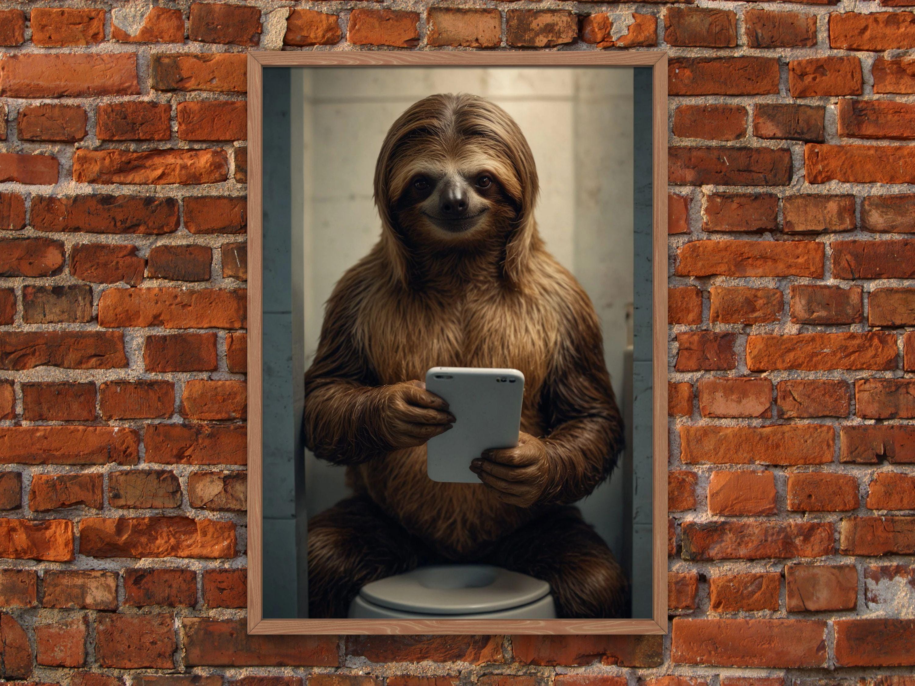 Smiling Sloth on Toilet Holding Smartphone, Funny Bathroom Wall Decor ...