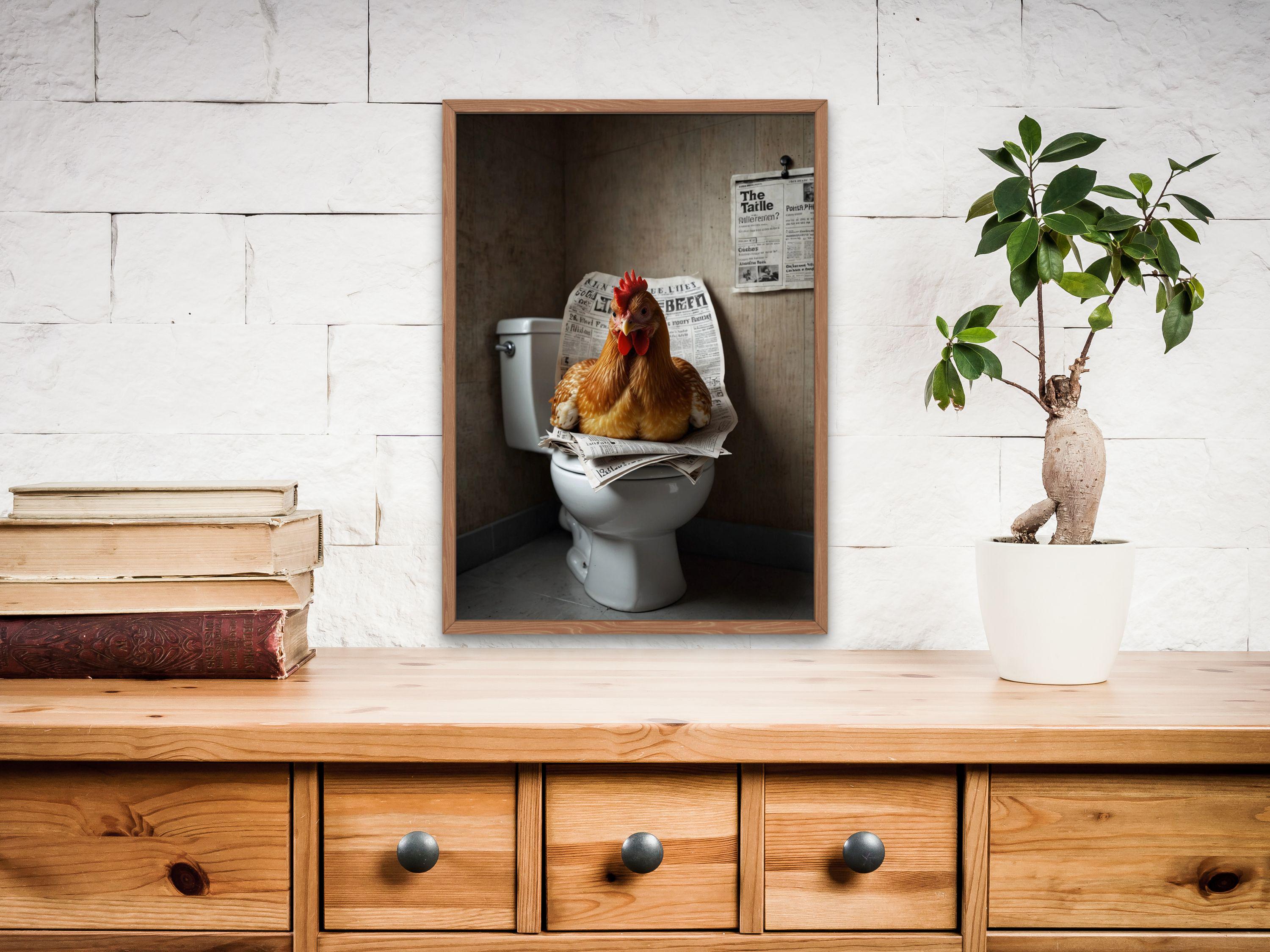 Funny Chicken on Toilet With Newspaper, Funny Bathroom Wall Decor ...