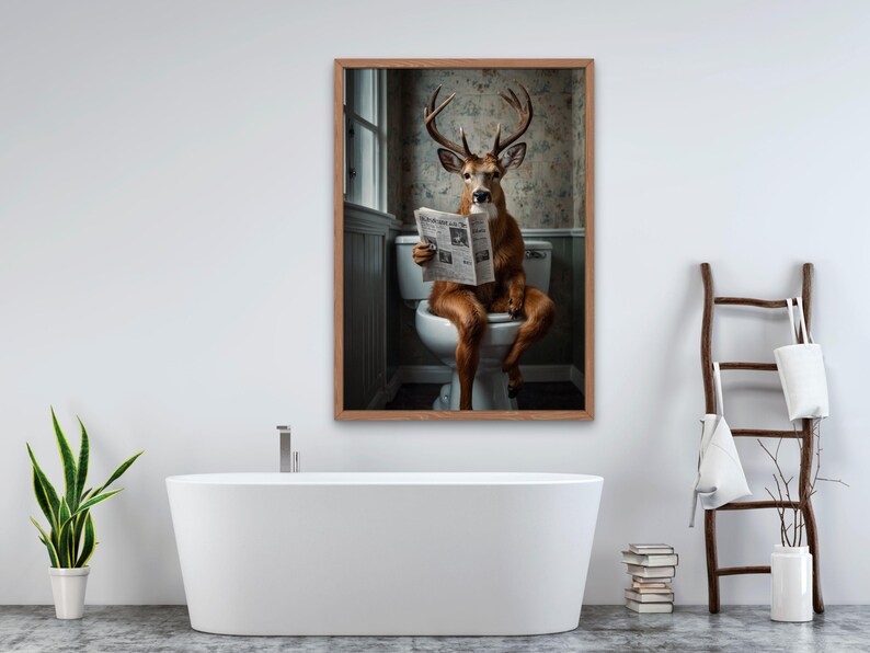 Funny Deer Toilet Print | Vintage Bathroom Wall Art | Eclectic Floral ...