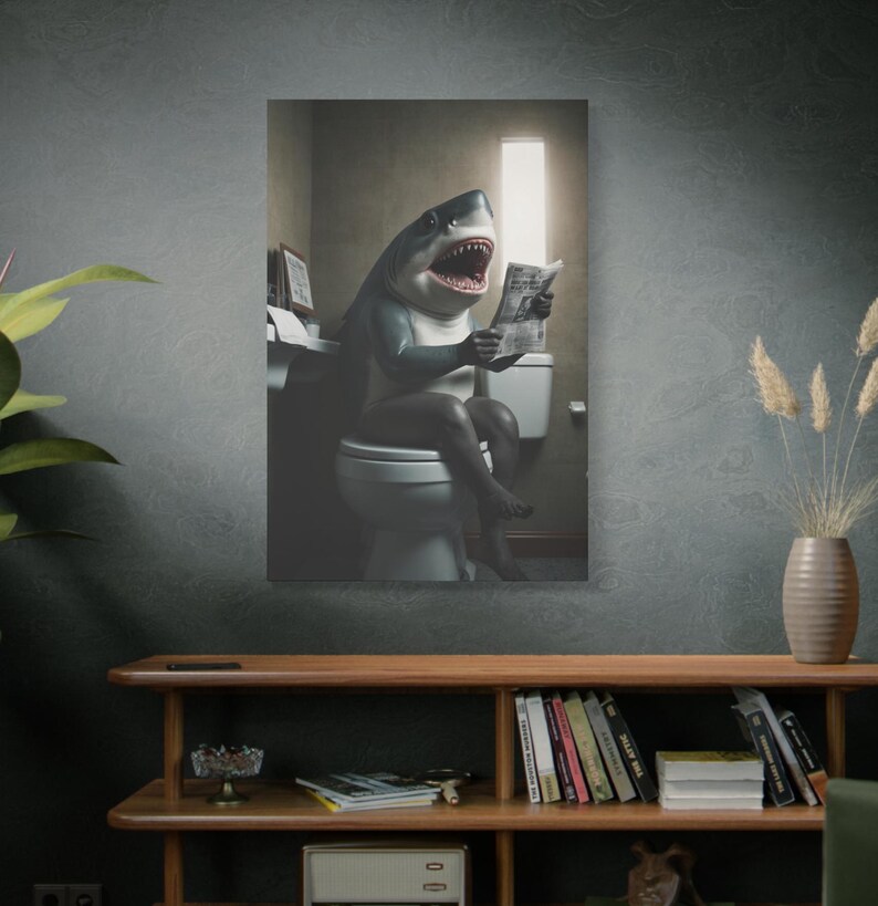 Funny Shark on Toilet Wall Art, Whimsical Bathroom Decor, Shark Reading ...