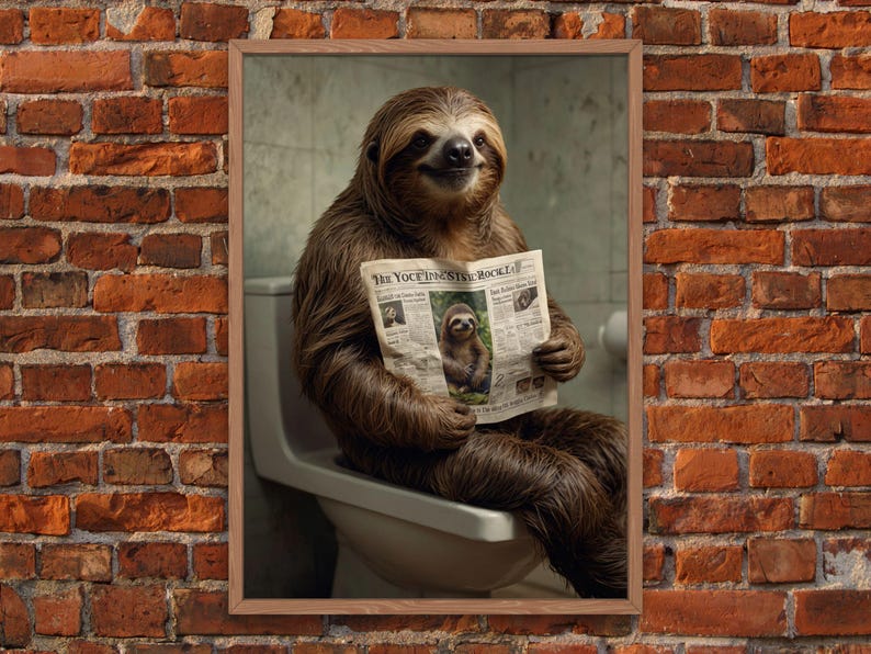 Charming Sloth on Toilet Reading Newspaper, Funny Bathroom Wall Decor ...