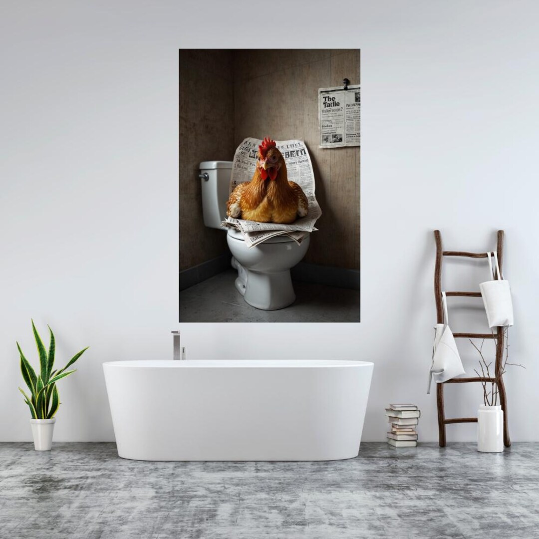 Funny Chicken Wall Art, Whimsical Bathroom Decor, Chicken on Toilet ...