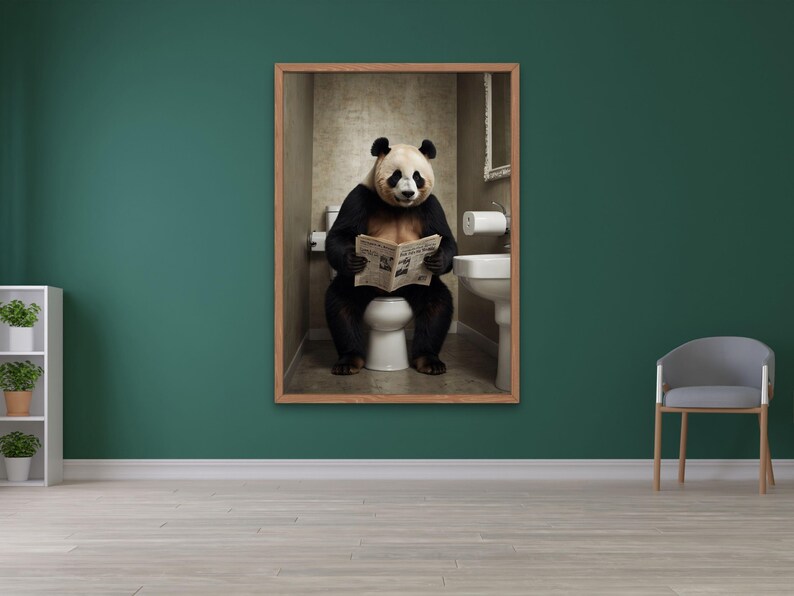 Amusing Panda Reading Newspaper on Toilet, Funny Bathroom Humor, Funny ...