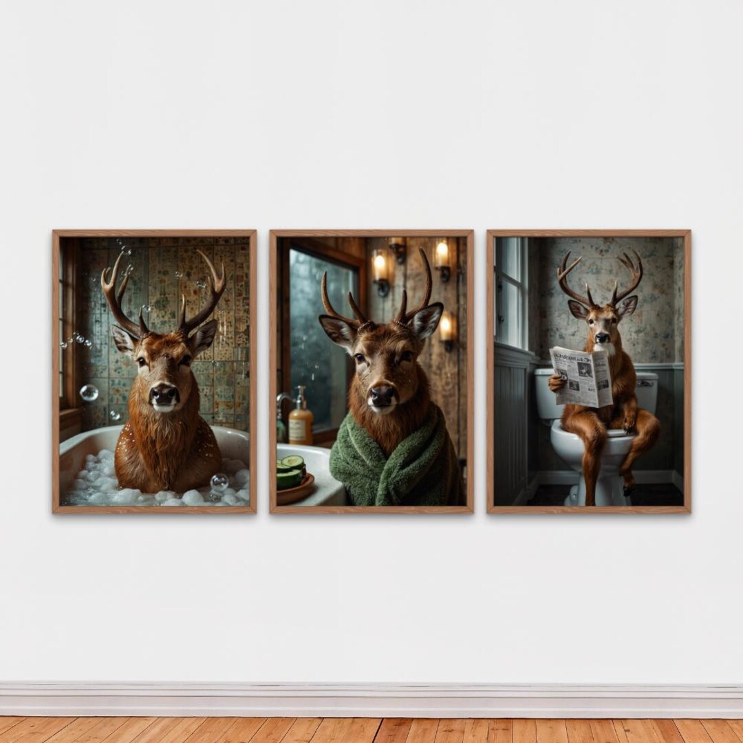 Rustic Stag Bathroom Art Set | Color Deer Toilet Prints | Hunting Lodge ...
