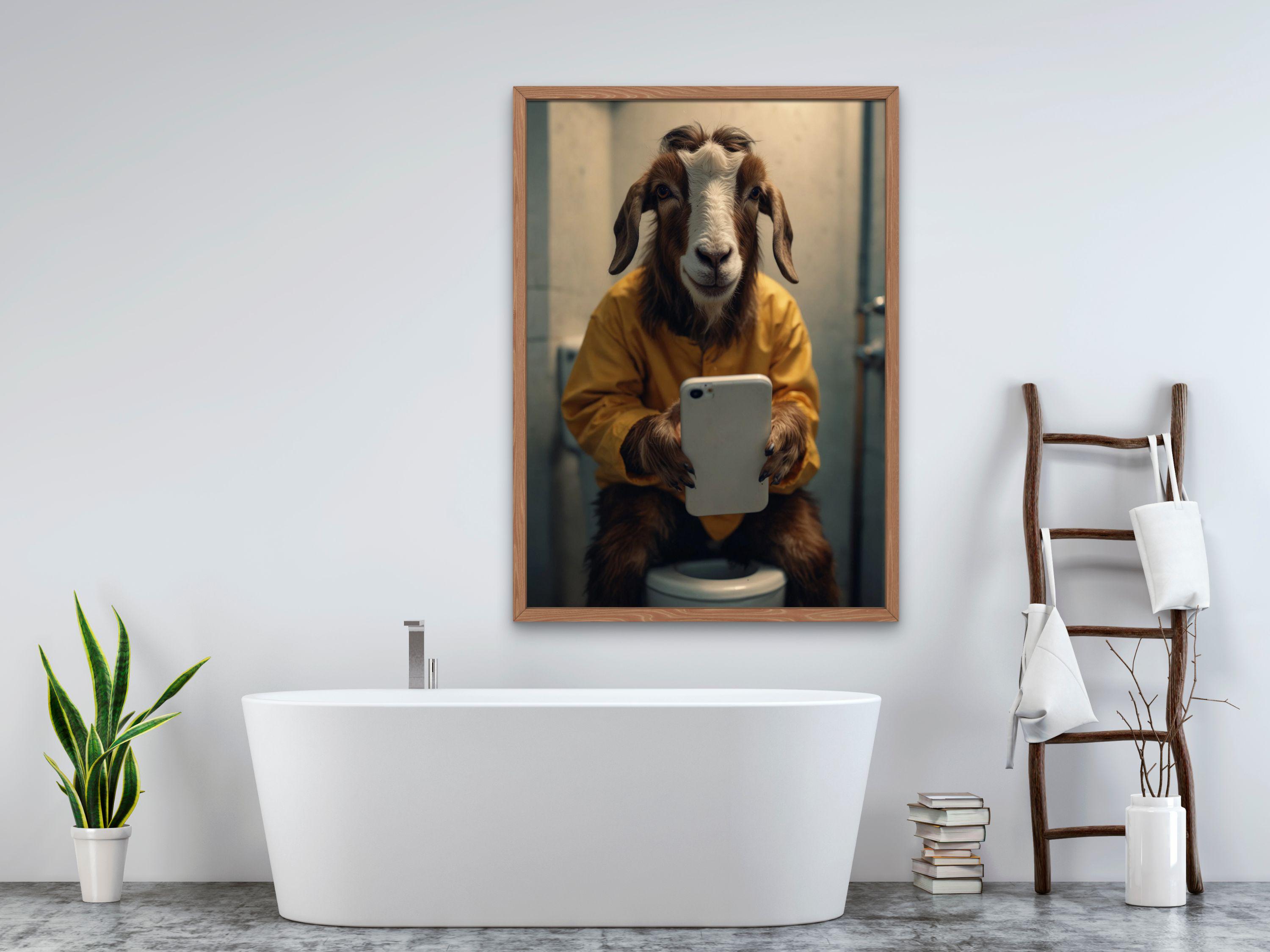 Goat in Yellow Jacket on Toilet With Smartphone, Funny Bathroom Wall ...
