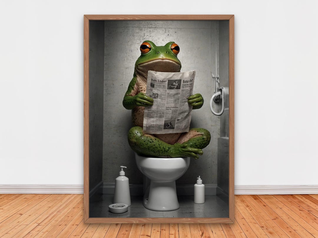Hilarious Frog on Toilet Reading Newspaper, Funny Bathroom Wall Decor ...