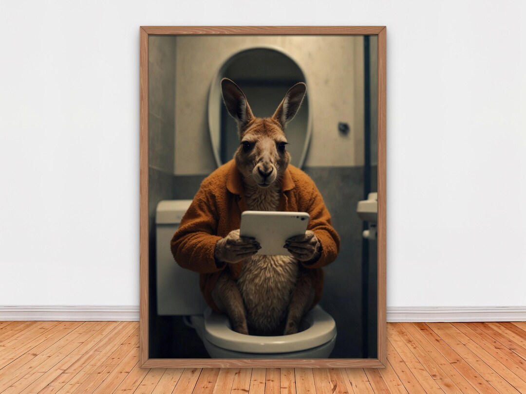 Funny Kangaroo Wall Art for Bathroom: Playful Orange Coat, Tablet, and ...