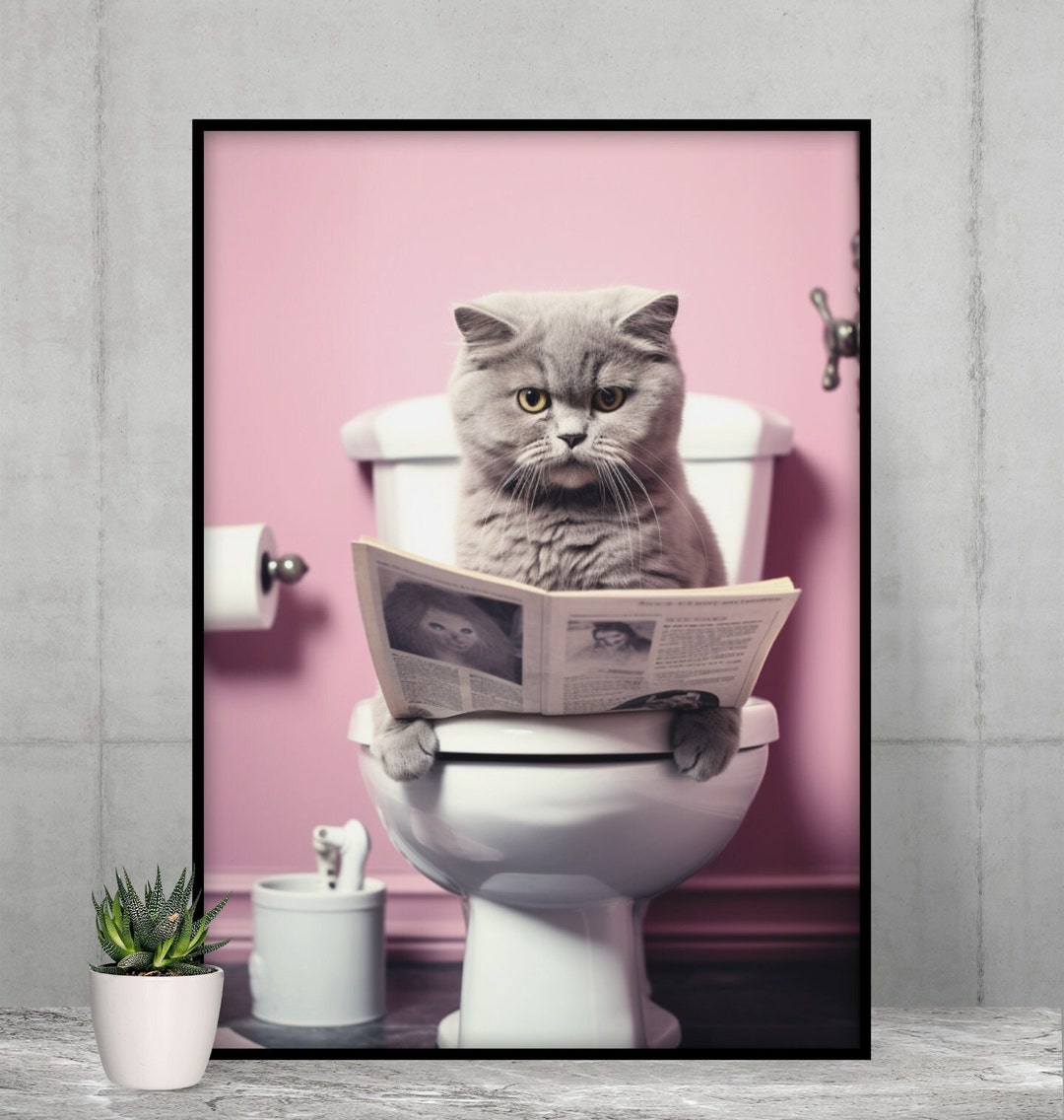 Adorable Cat Sitting on the Toilet Reading a Newspaper,funny Bathroom ...