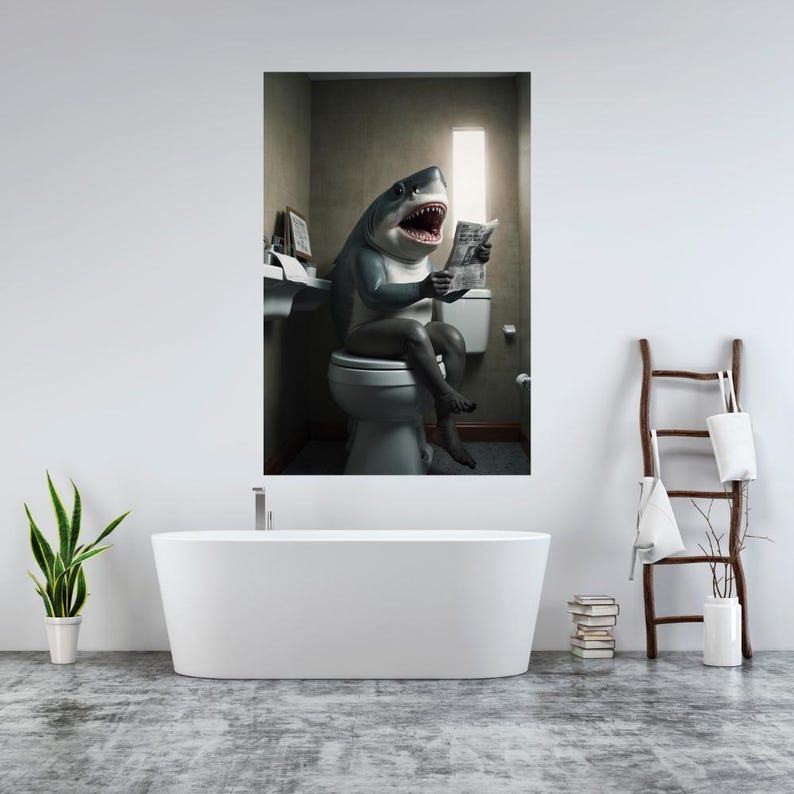 Funny Shark on Toilet Wall Art, Whimsical Bathroom Decor, Shark Reading ...