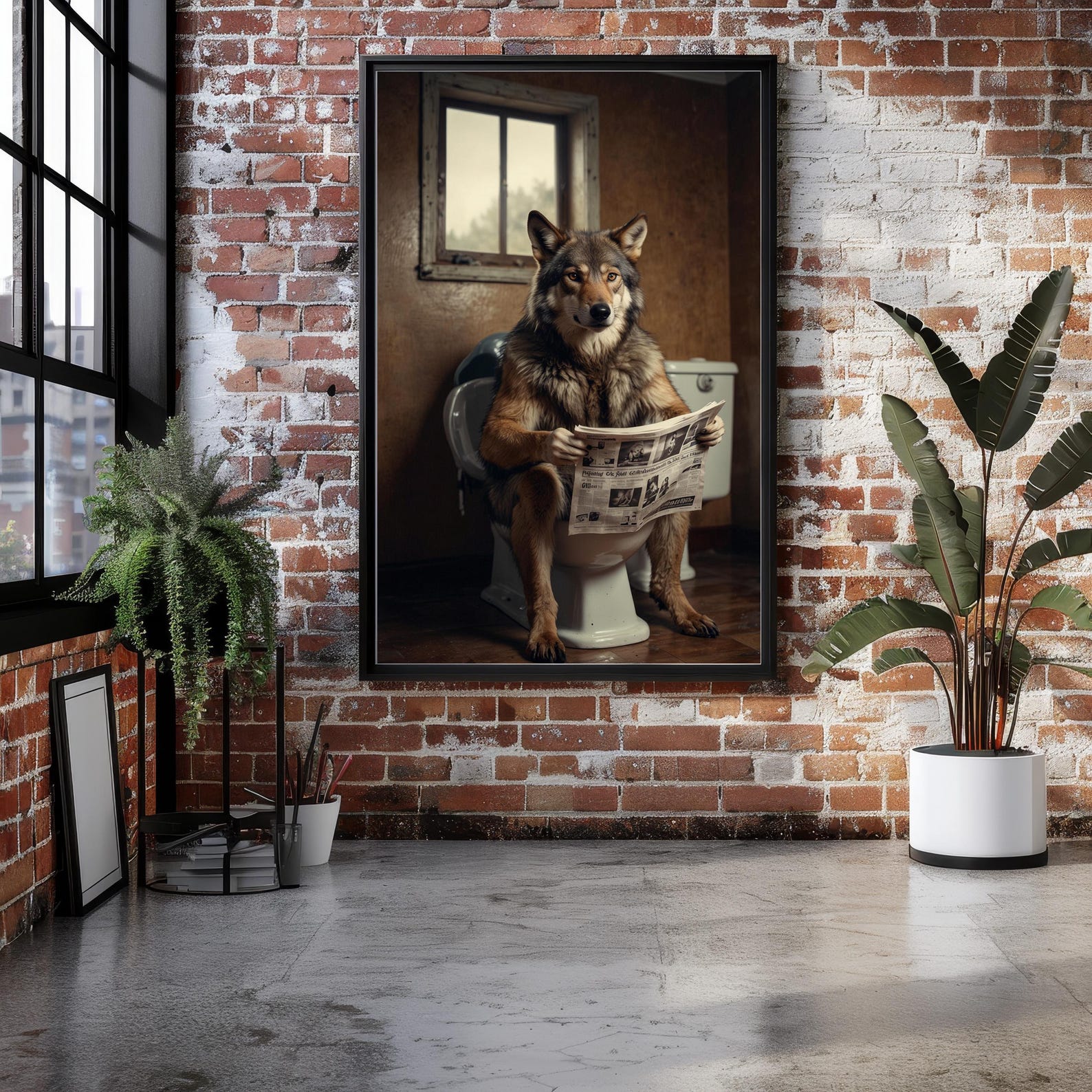 Funny Wolf on Toilet Wall Art | Timber Wolf Reading Newspaper Print ...