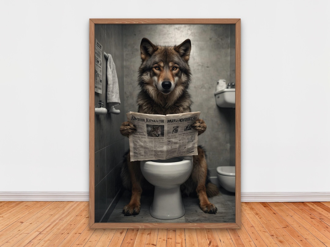 Hilarious Wolf on Toilet Reading Newspaper, Funny Bathroom Wall Decor ...