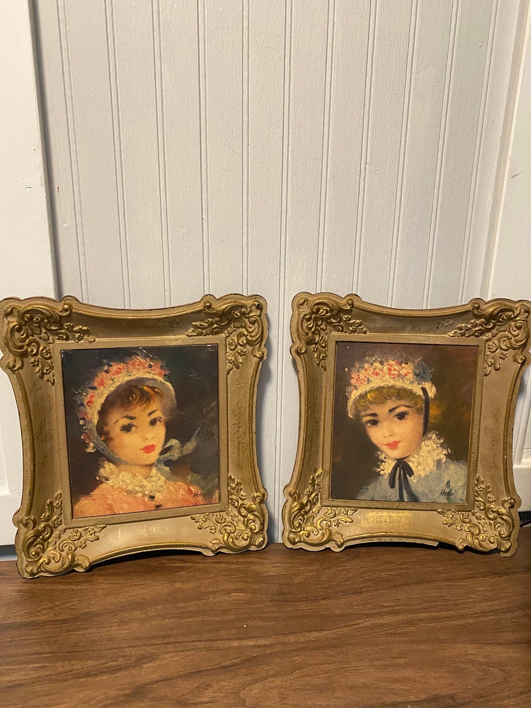 Vintage Framed Prints on Cardboard of Pretty Ladies in Gold Baroque ...