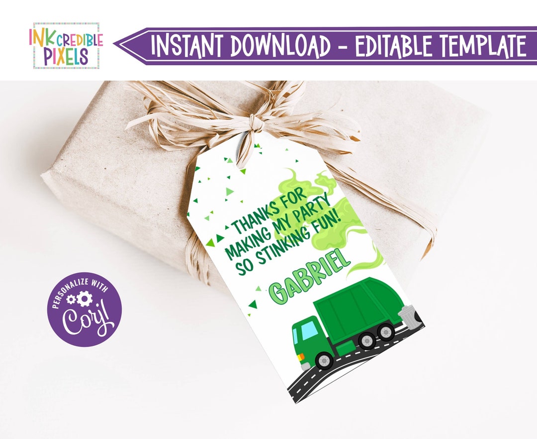 Printable Garbage Truck Party Favor Tag, Garbage Birthday Party Favor ...